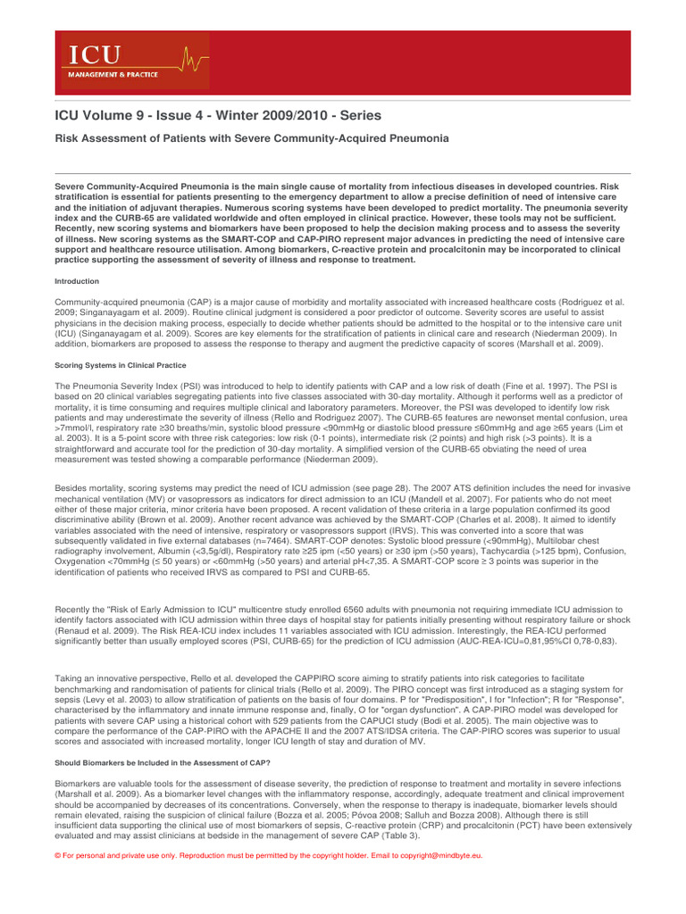 Risk Assessment of Patients With Severe Community Acquired Pneumonia | PDF
