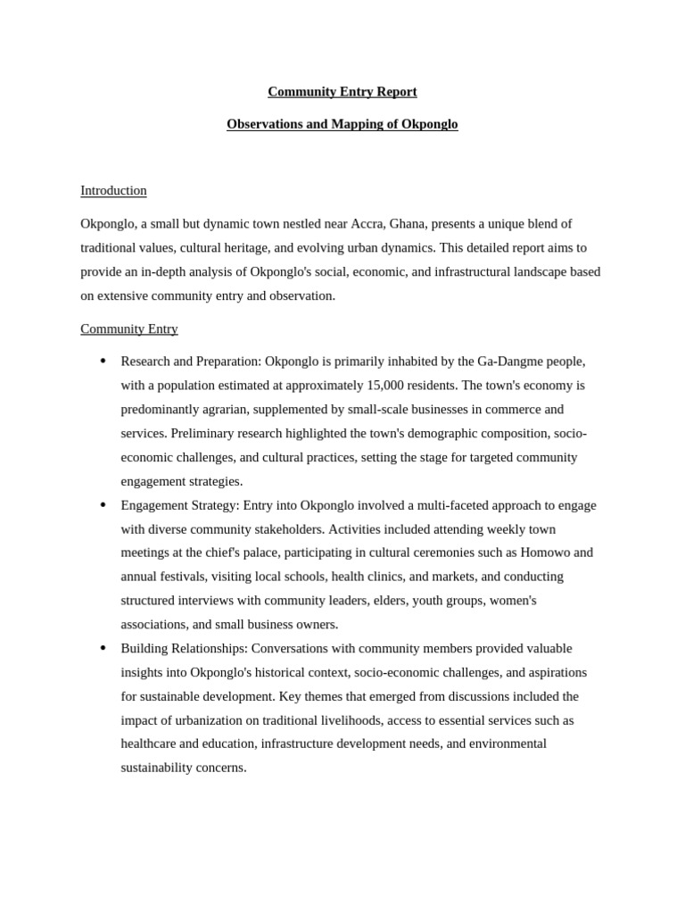 Okponglo Community Entry Report Pdf Sustainability Sustainable