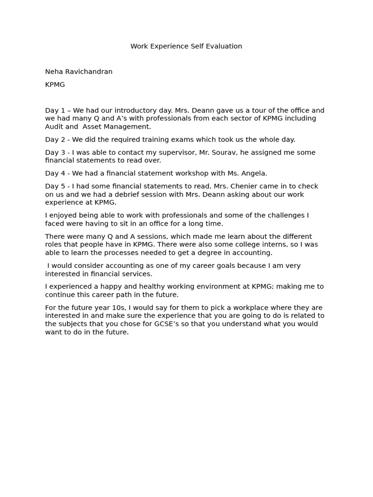 KPMG Work Experience Reflection | PDF