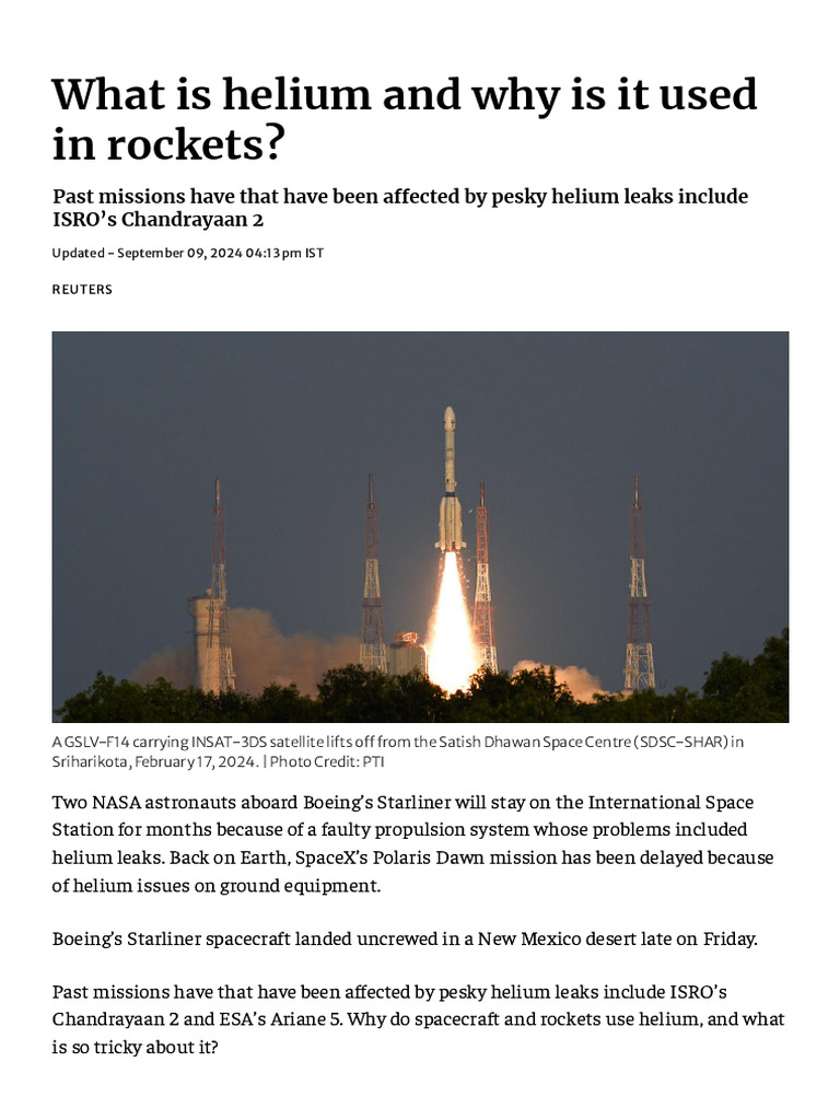 What Is Helium and Why Is It Used in Rockets - The Hindu | PDF