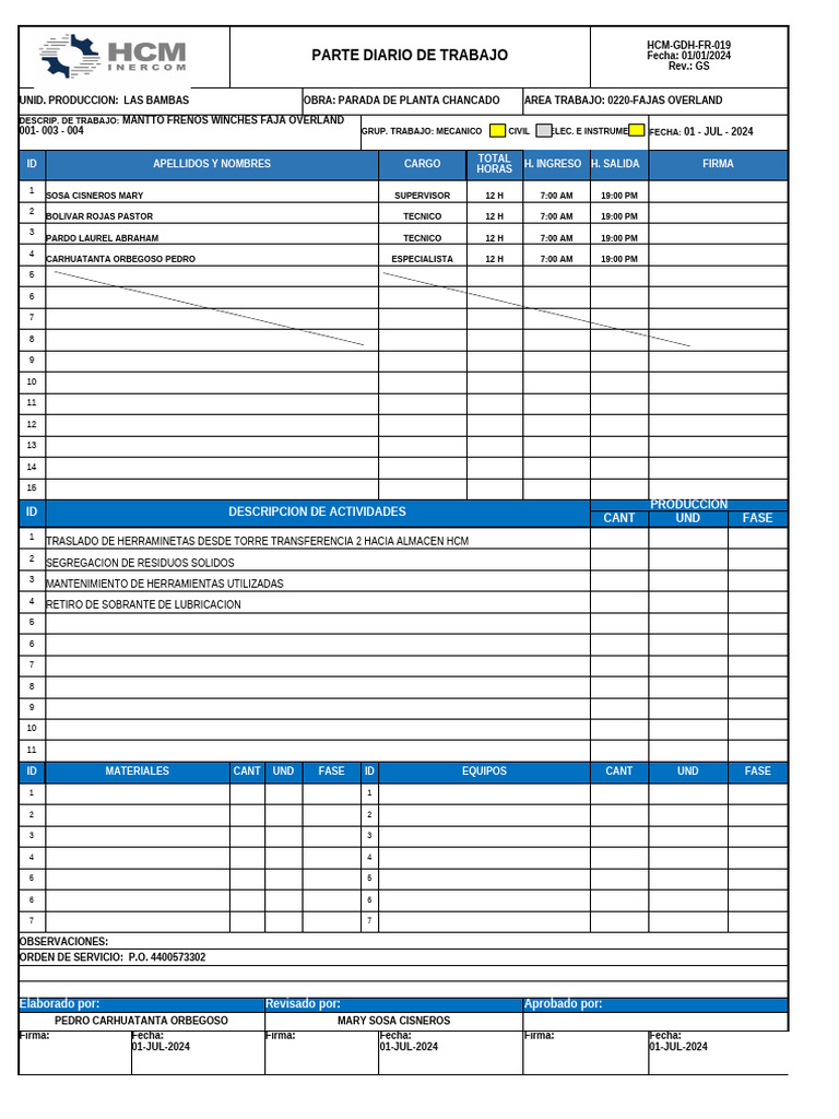 HCM-GDH-FR-019 (Parte Diario de Trabajo) 016 | PDF