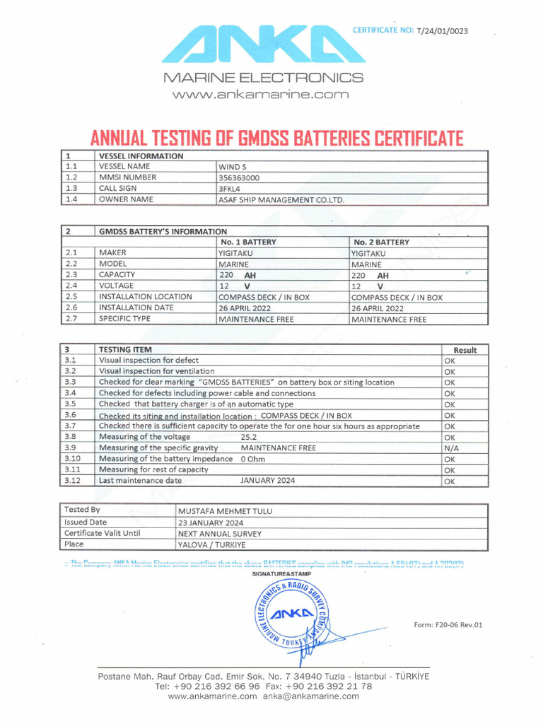Annual Testing of GMDSS Batteries Certificate | PDF