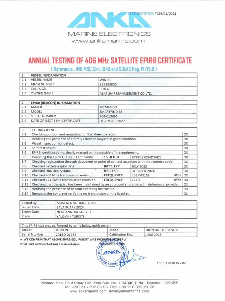 ANNUAL TESTING OF 406 MHZ SATELLITE EPIRB CERTIFICATE | PDF