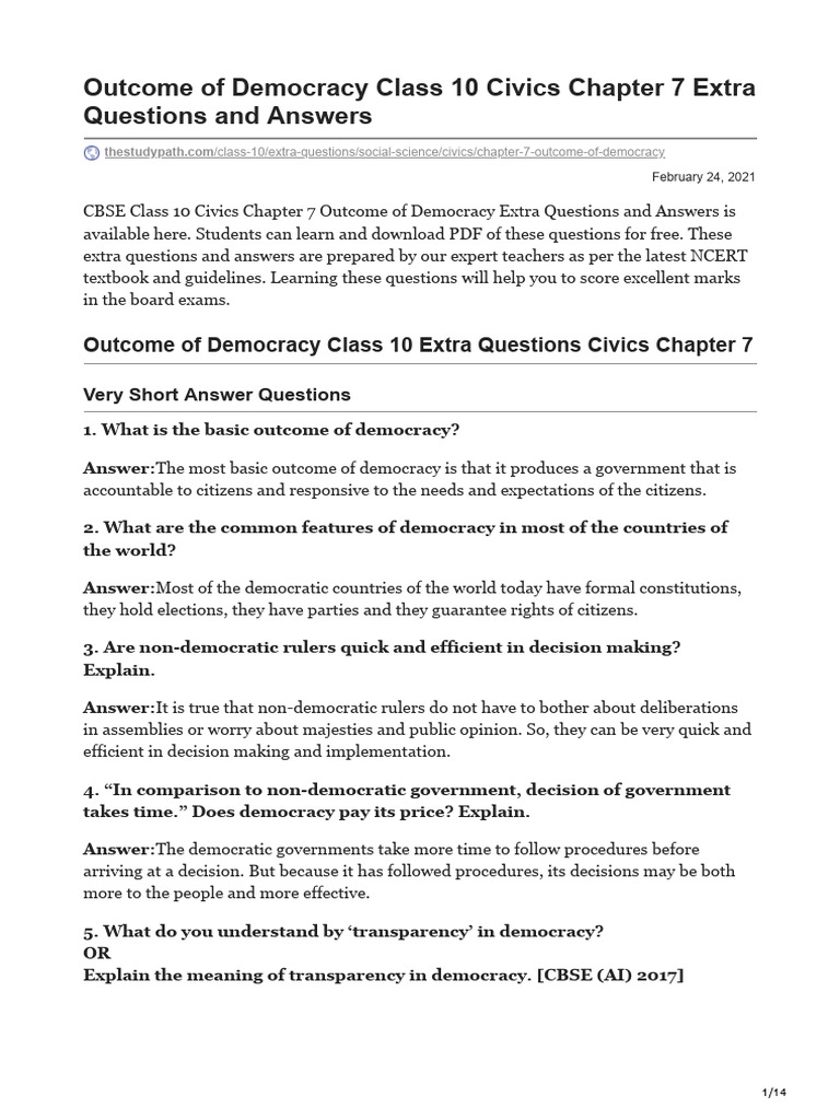 Outcome of Democracy Class 10 Civics Chapter 7 Extra Questions and Answers | PDF