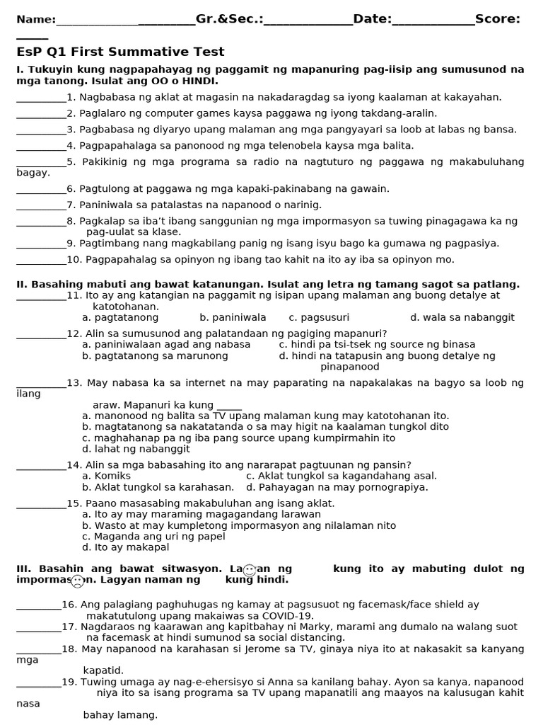 EsP Summative Test Q1 | PDF