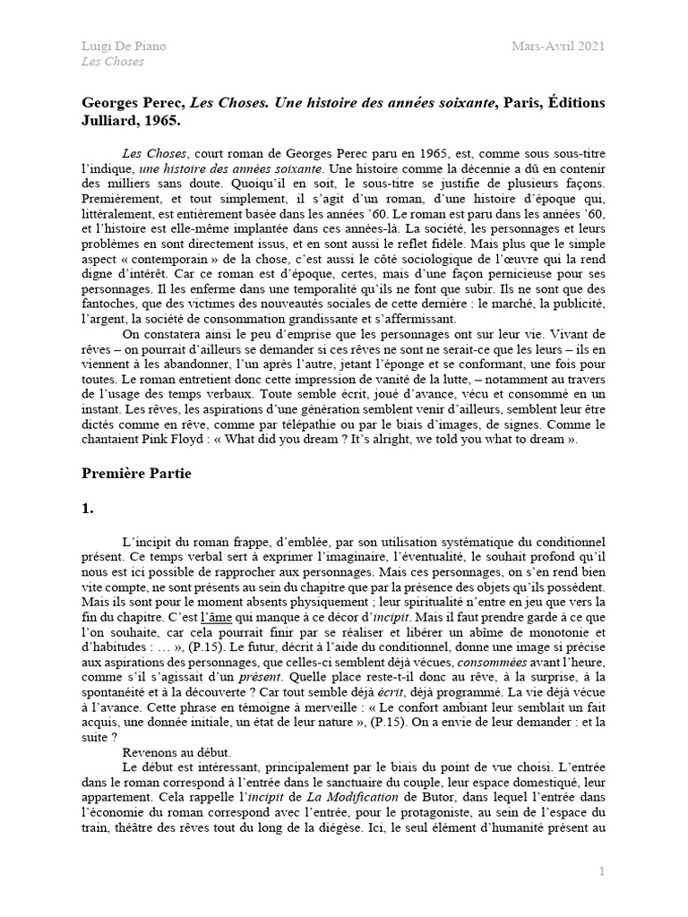 Georges Perec Les Choses Analyse Et Comm | PDF