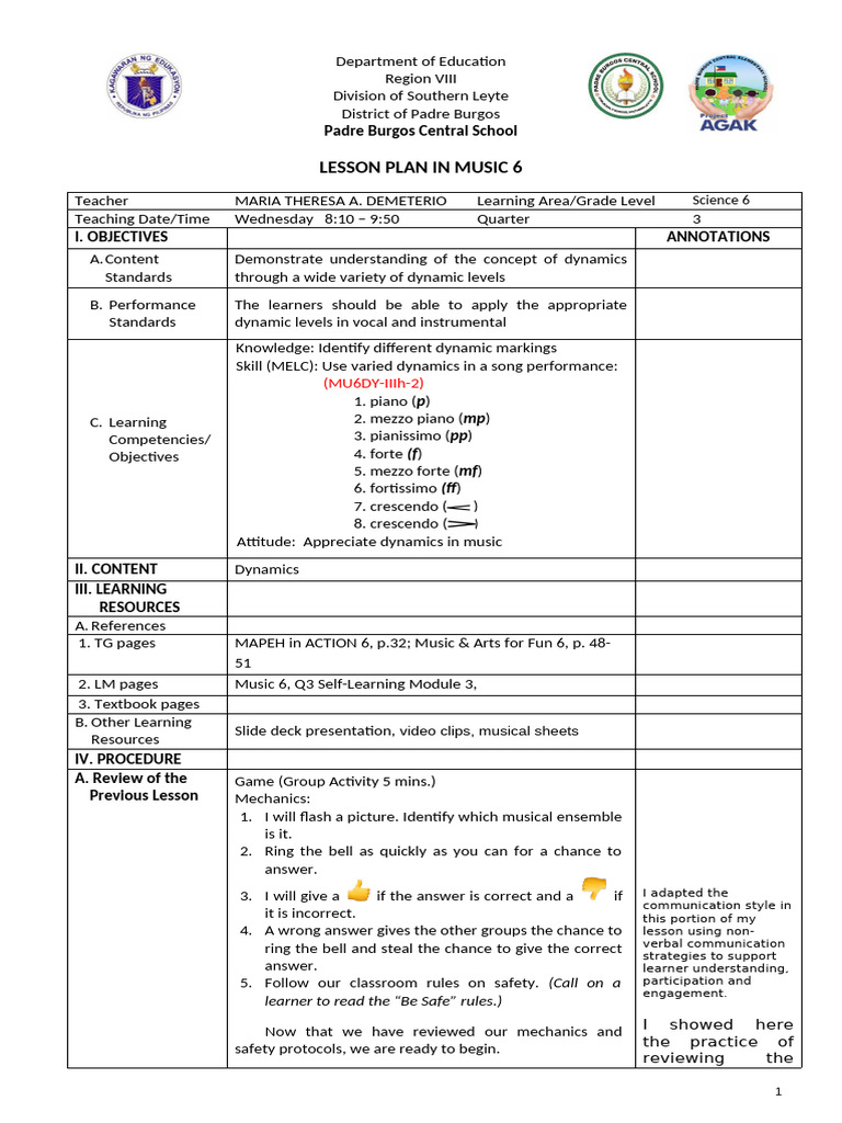 Dynamics Lesson Plan for Grade 6 Music | PDF | Learning | Lesson Plan