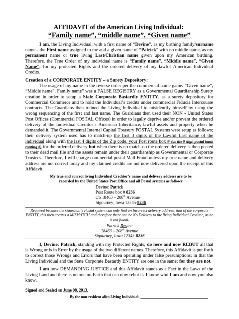 Affidavit of Living Individual Rev 2 | PDF