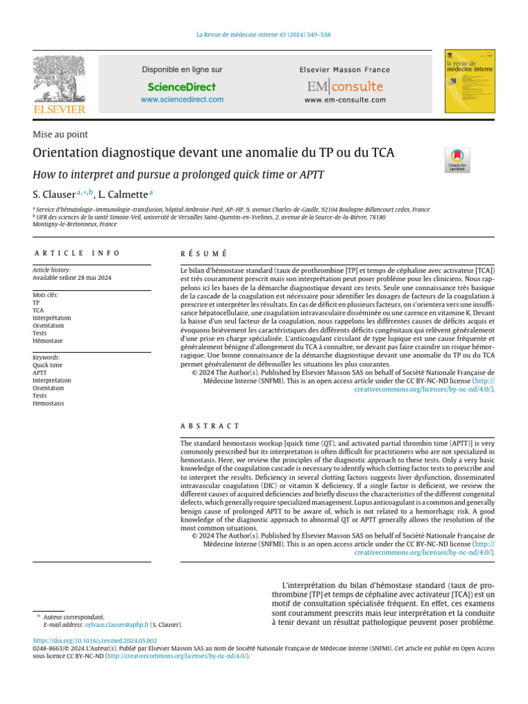 Orientation Diagnostique Devant Une Anomalie Du TP Ou Du TCA | PDF