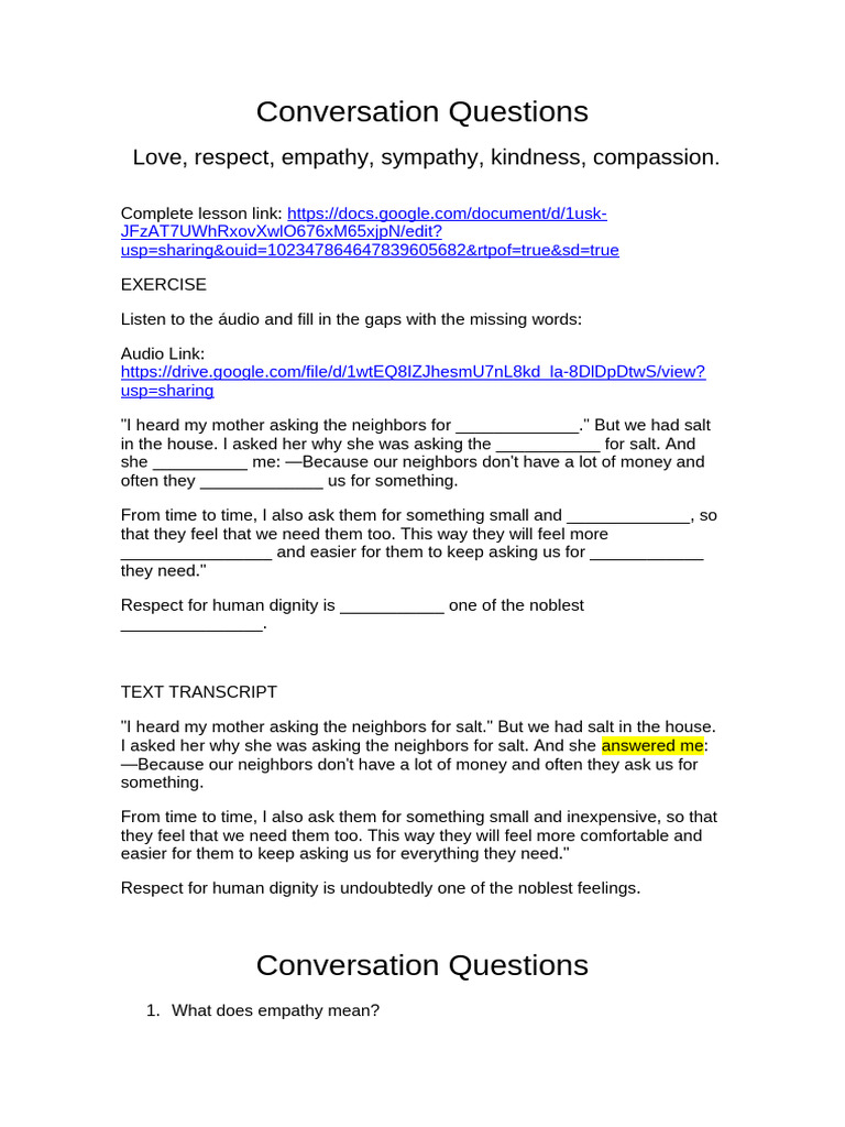 Conversation Questions - Love, Respect, Empathy, Sympathy, Kindness ...