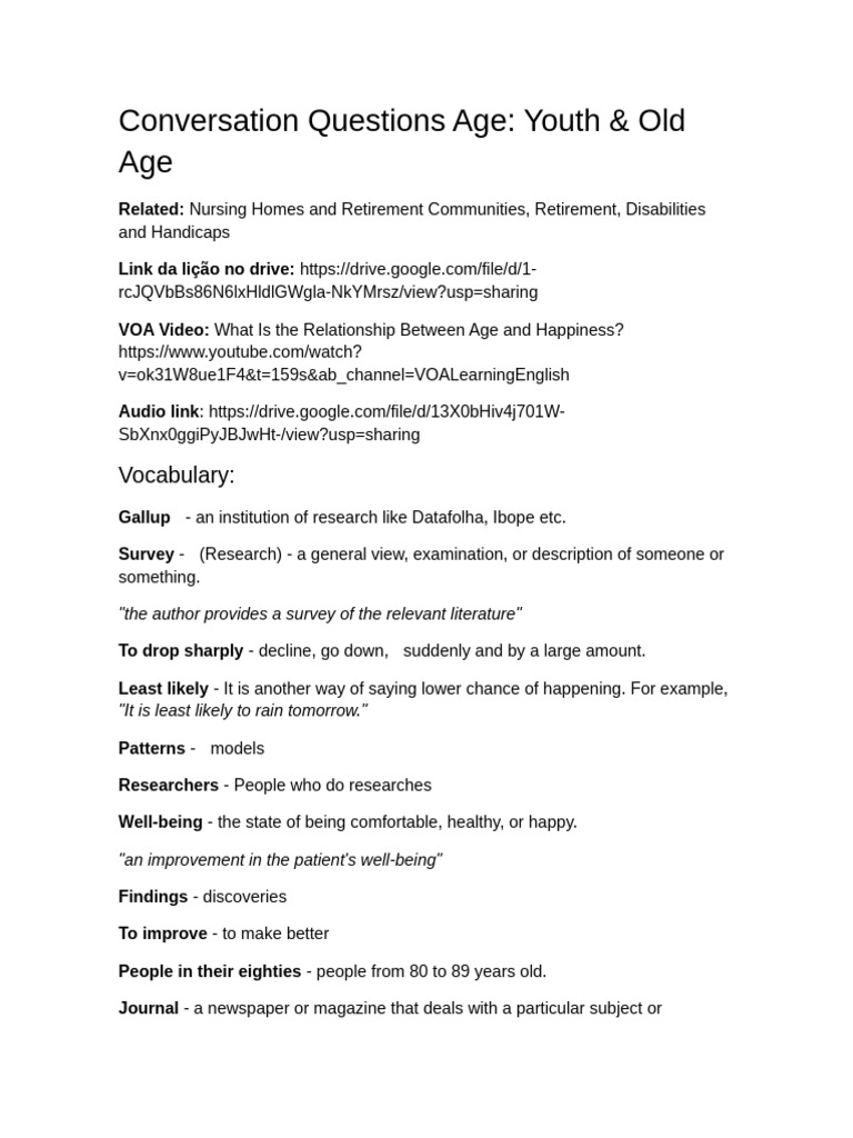 Conversation Questions - Age Youth & Old Age | PDF
