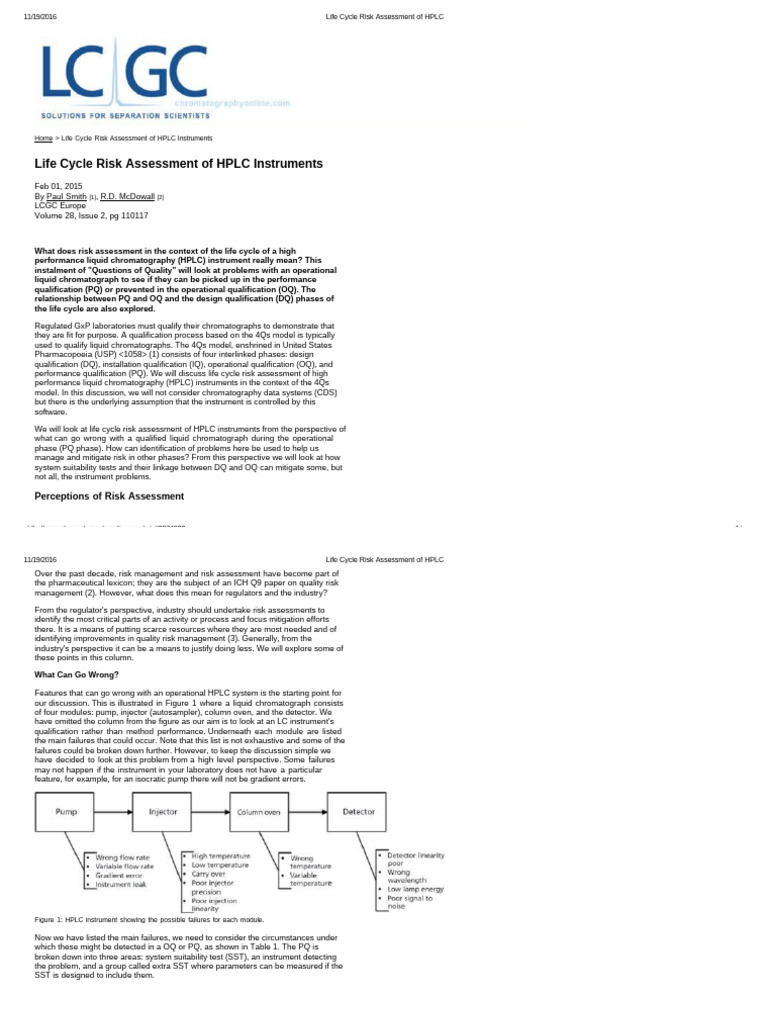Life Cycle Risk Assessment of HPLC Instruments | PDF