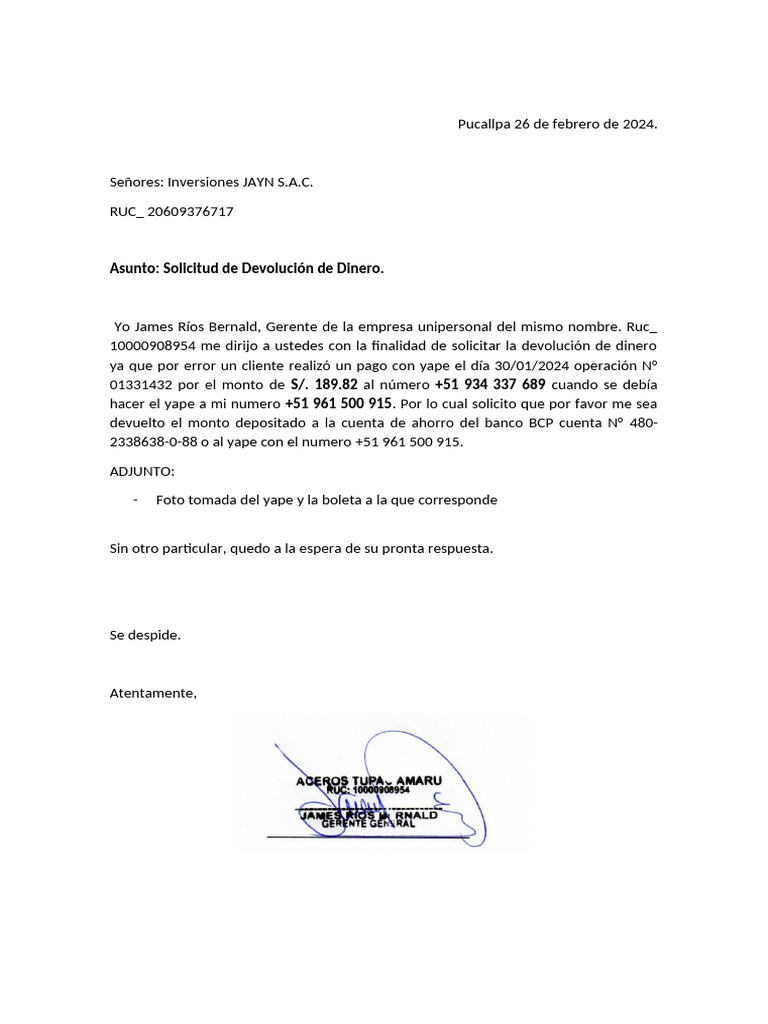 Formato Carta Solicitud de Devolucion | PDF