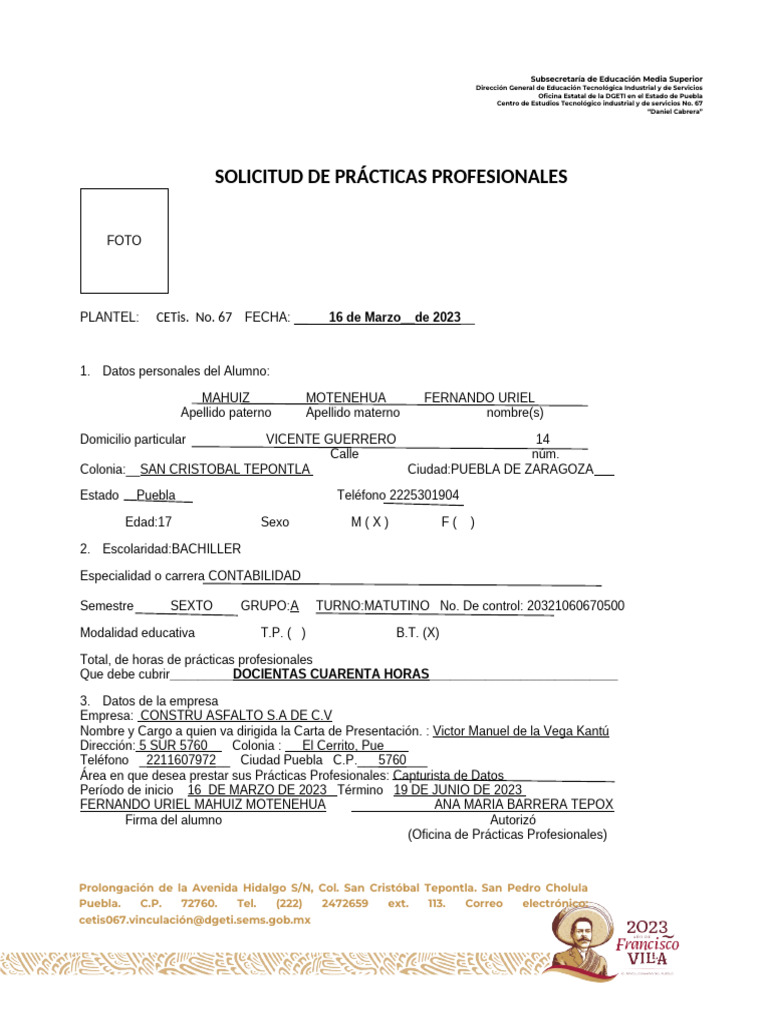 Formatos Prácticas Profesionales | PDF