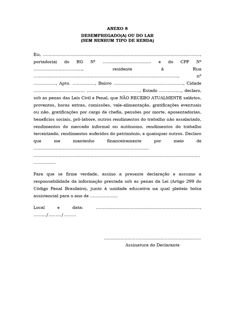 Modelo de Declaração de Desempregado Ou Sem Lar | PDF