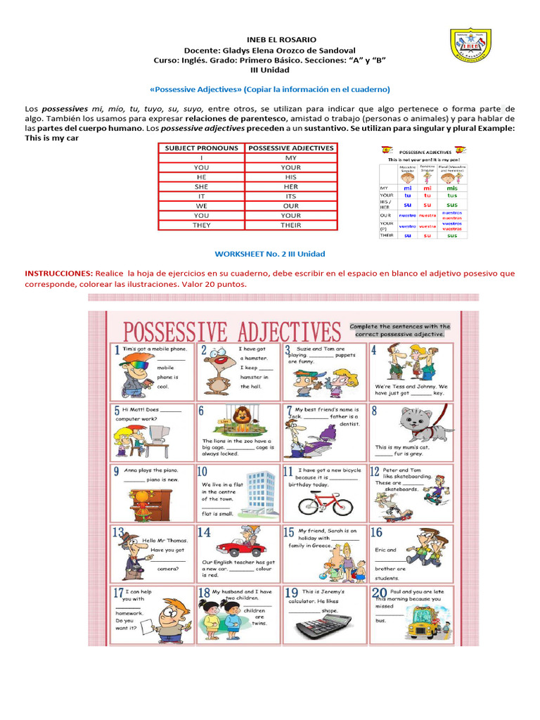 Worksheet 2 III Unidad Primero Básico Possessive Adjectives | PDF