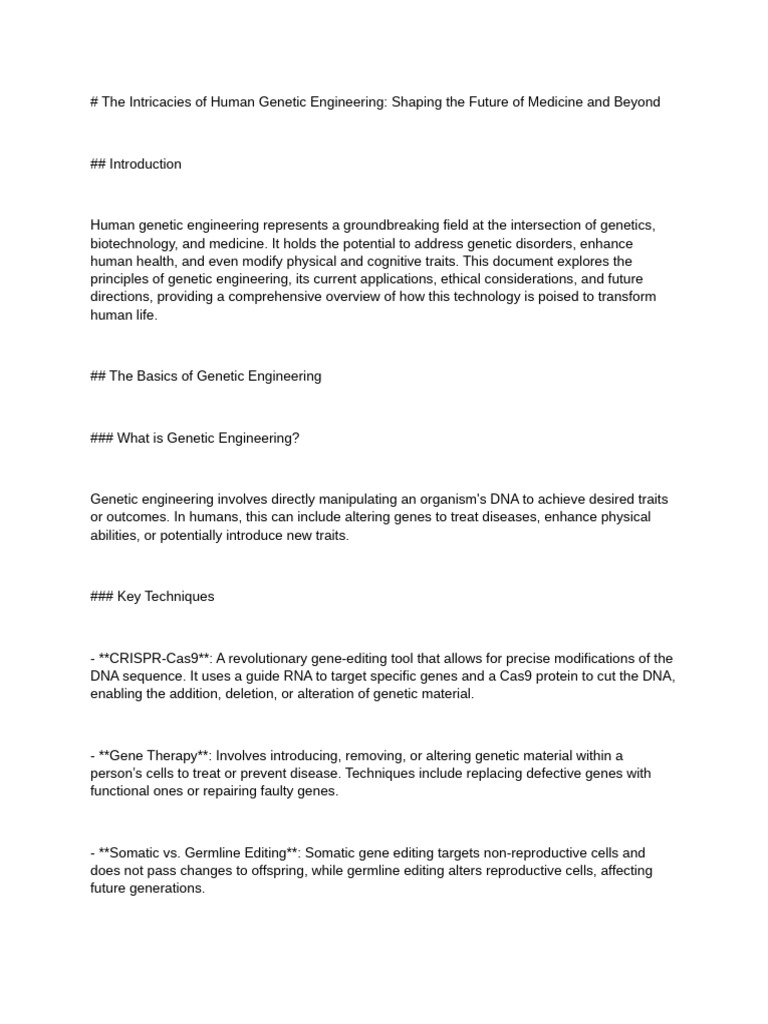 The Intricacies of Human Genetic Engineering Shaping the Future of Medicine and Beyond | PDF