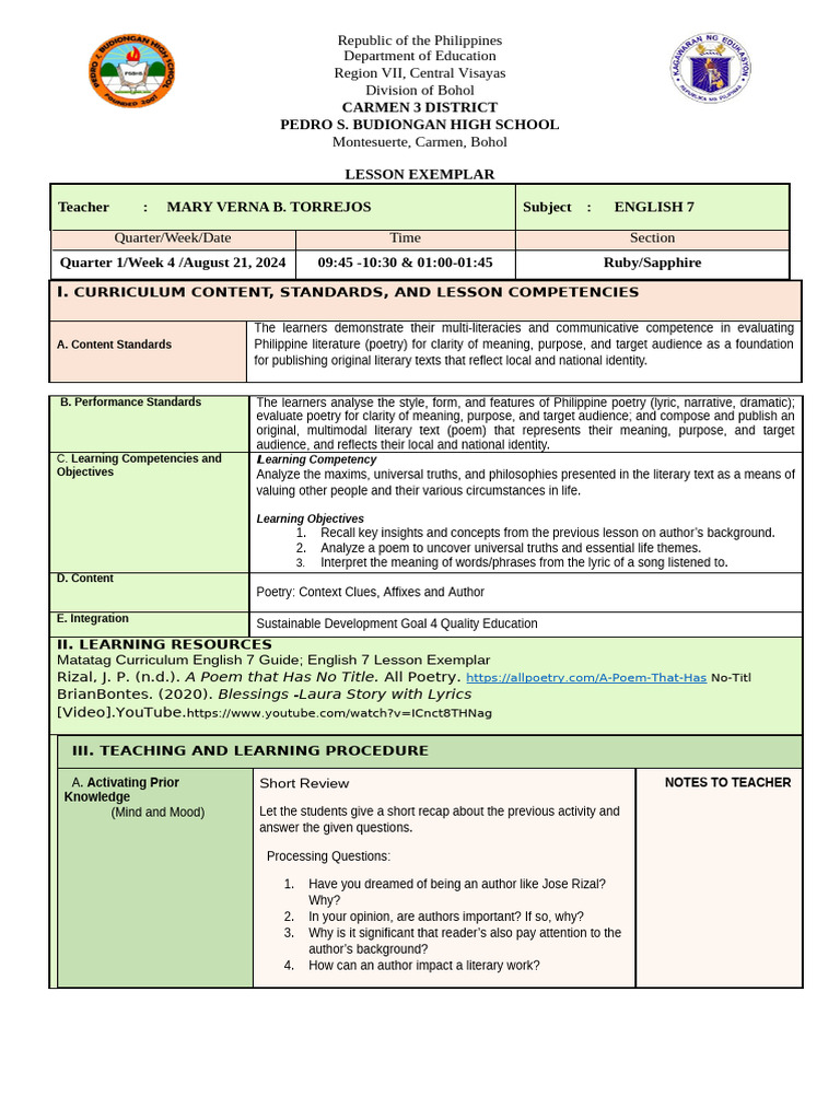 english 7 LESSON EXEMPLAR FINAL | PDF