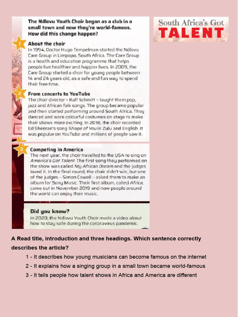 Reading Comprehension - South Africas Got Talent | PDF