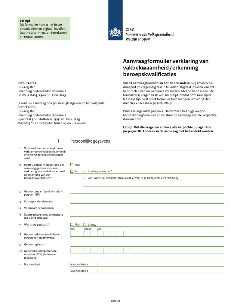 Aanvraagformulier+verklaring+van+vakbekwaamheid+-+erkenning+beroepskwalificaties+ (BR46 21) | PDF