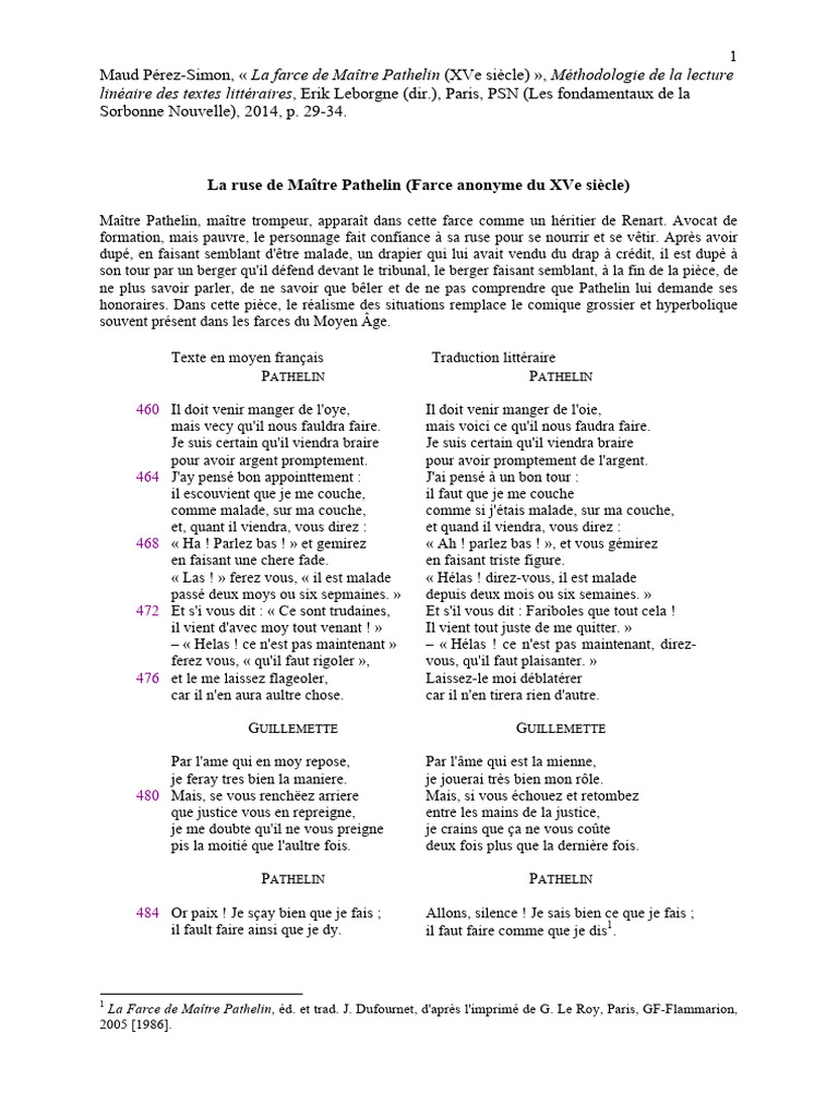 La Ruse de Maitre Pathelin Farce Anonyme | PDF