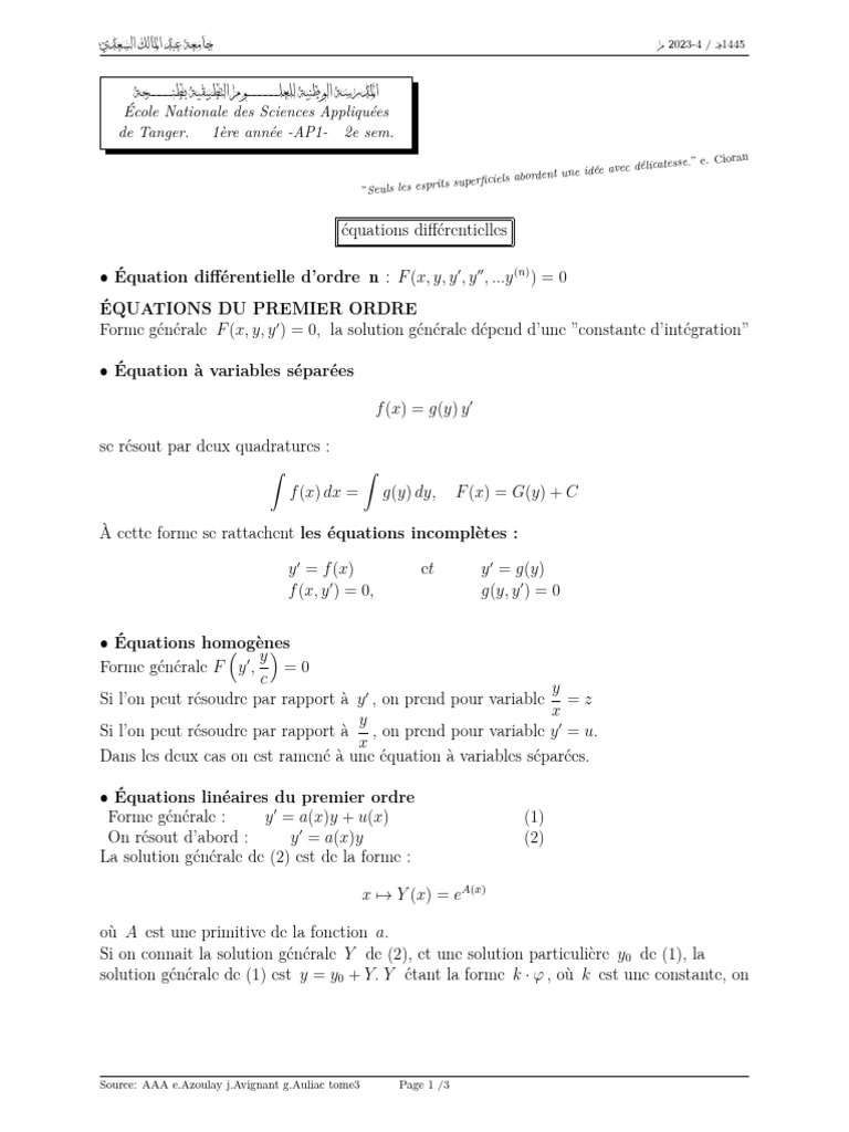 F X, Y, Y, Y, ... Y: Équation Différentielle D'ordre Équations Du ...