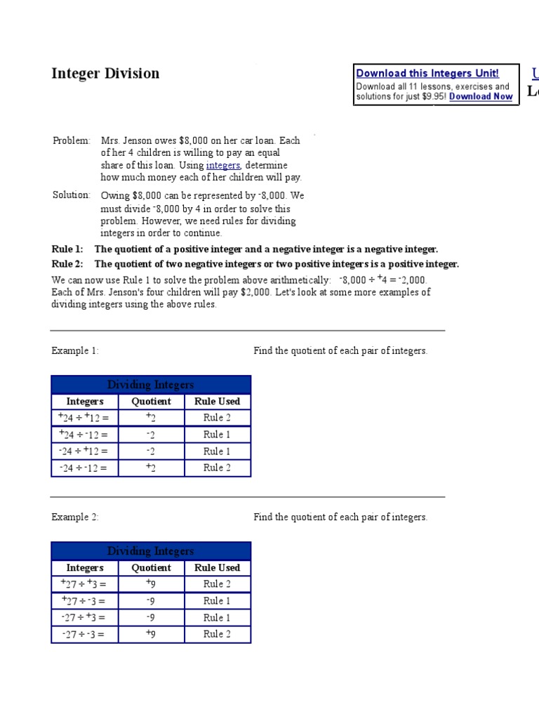 Integer Division Lesson 7: Unit 5 | PDF