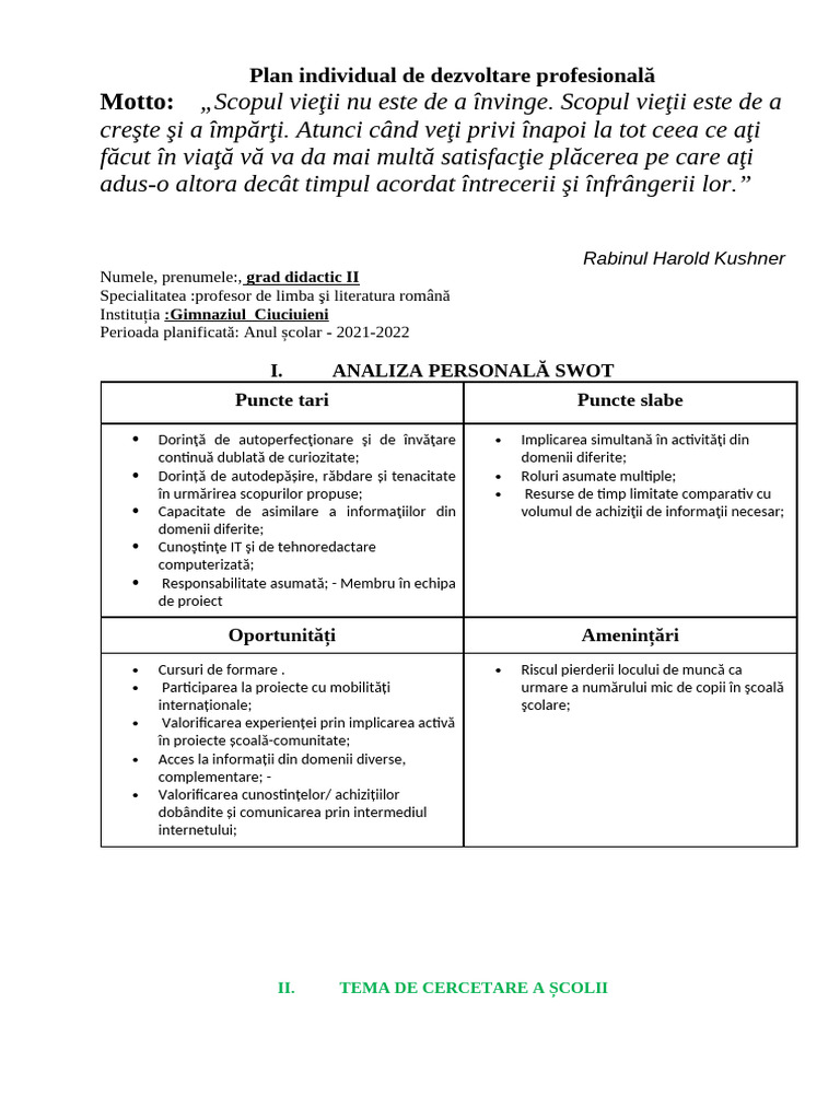 Plan Individual de Dezvoltare Profesională | PDF