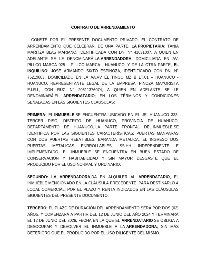 CONTRATO DE ARRENDAMIENTO 3ER PISO | PDF