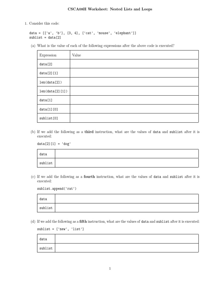1-Nested Lists Worksheet | PDF