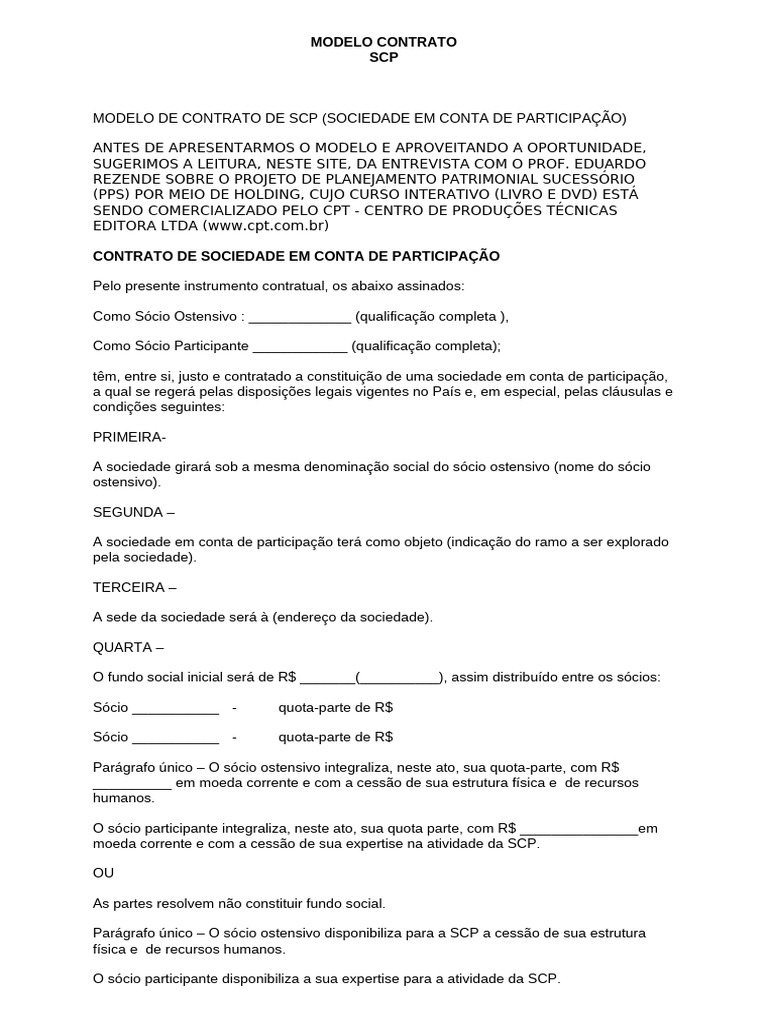Contrato SCP - Modelo | PDF | Contabilidade | Finanças e Administração ...