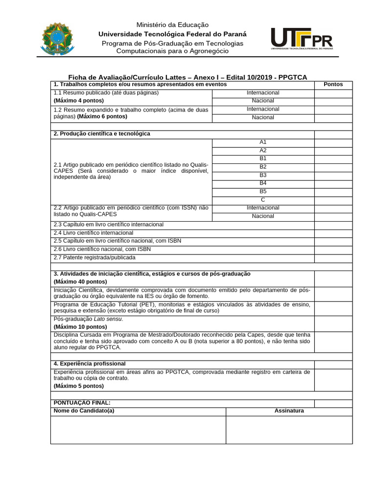 Ficha de Avaliacao - Anexo I Do Edital 10-2019 | PDF