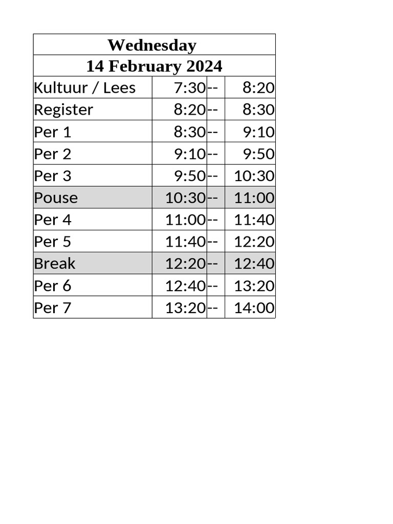 Bell Times 14 Feb 24 Wednesday | PDF