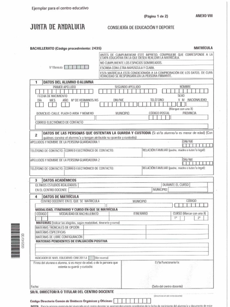 IES Maria Inmaculada-Matricula 1 Bachillerato | PDF