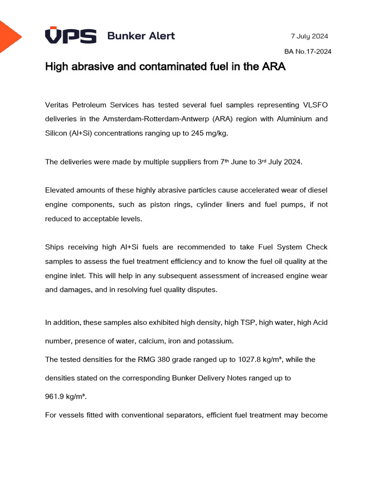 VPS Bunker Alert 17-2024 High Abrasive & Contaminated Fuels in ARA | PDF