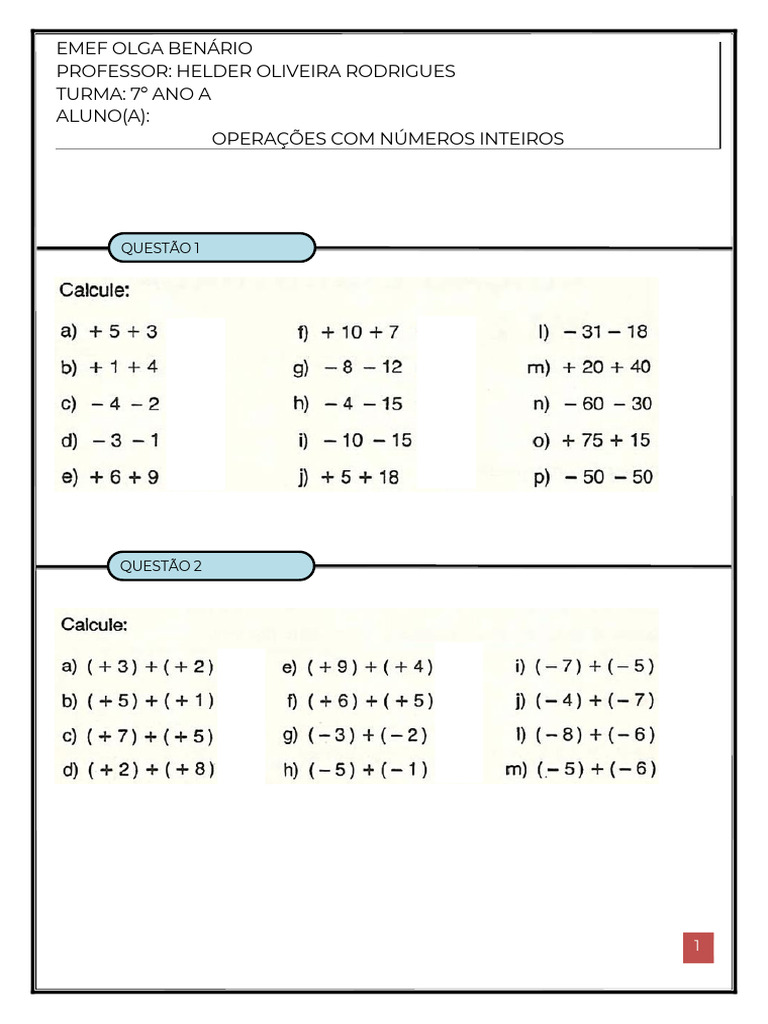 Lista de Exercicios Operacoes Com Numeros Inteiros 2 Unidade Olga PDF | PDF