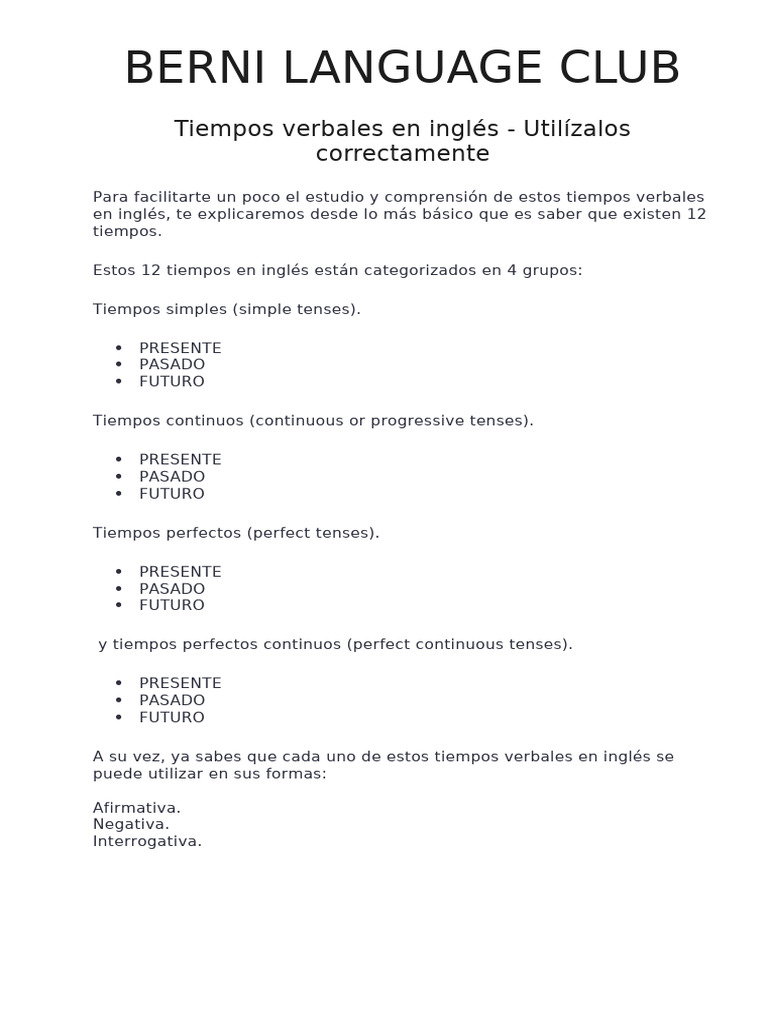 Tiempos Verbales En Ingles Para Imprimir Pdf