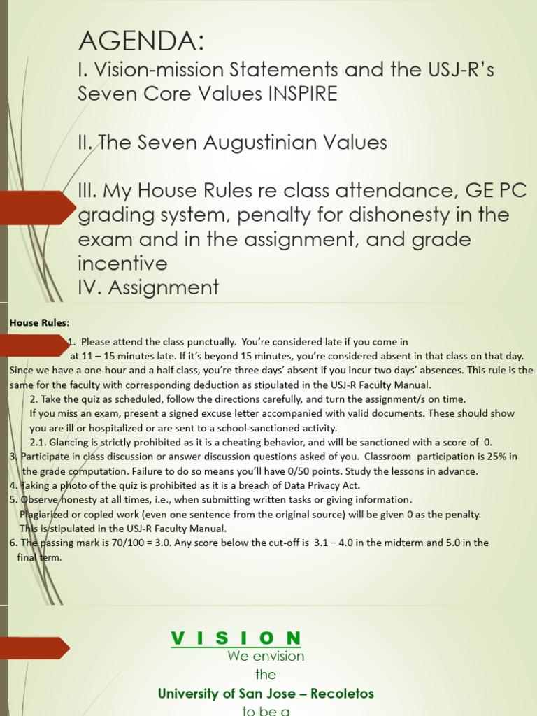 Vision Mission Statements INSPIRE Augustinian Values My House Rules 27 ...