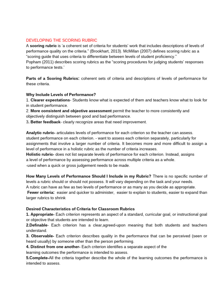 Developing A Scoring Rubric | PDF