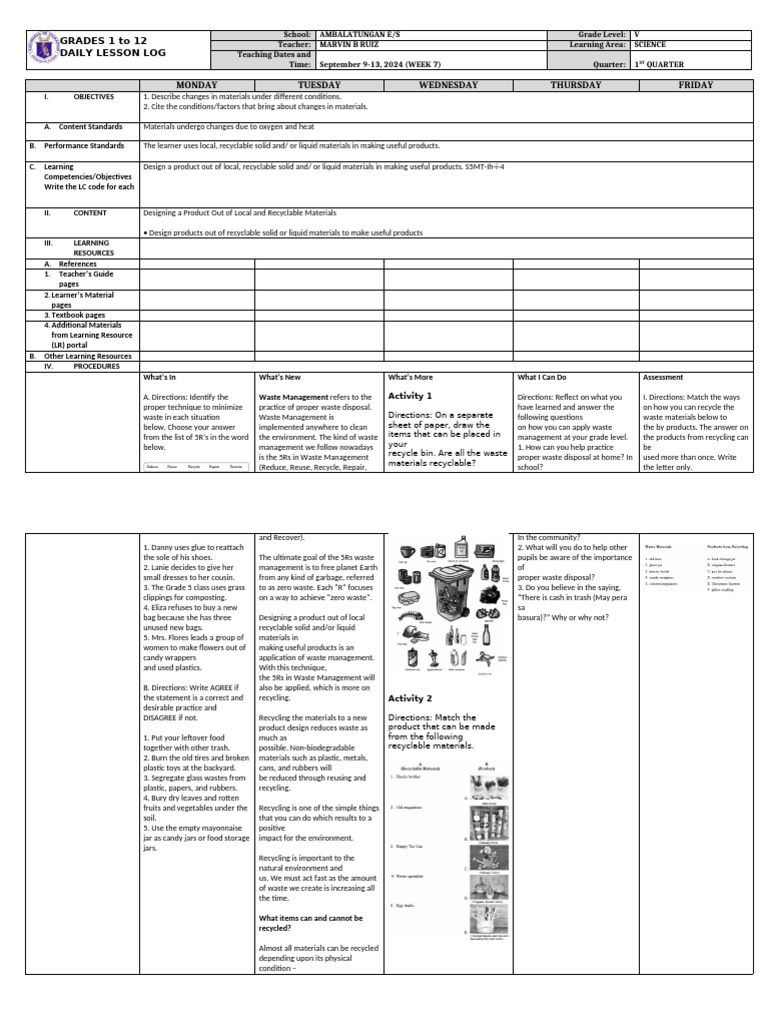 DLL - Science 5 - Q1 - W7 | PDF
