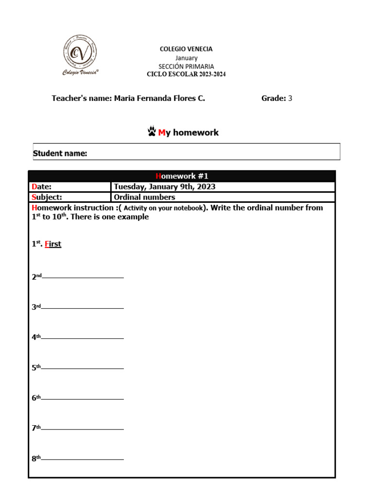 January Homework Thirdgrade Docx 1 Pdf