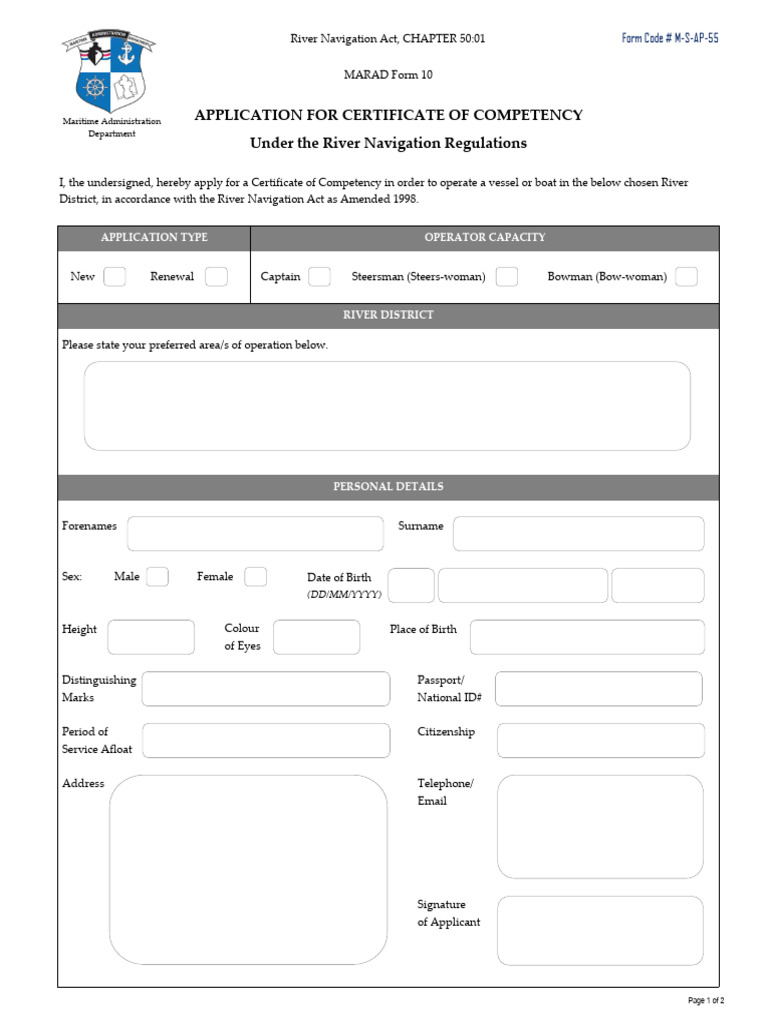 MARAD Form10 Application For Certificate of Competency River Navigation ...