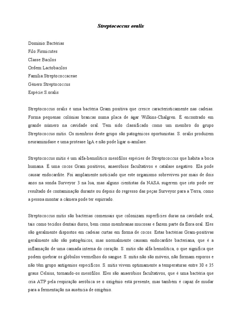 Streptococcus Oralis & S. Mitis | PDF | Estreptococos | Bactérias