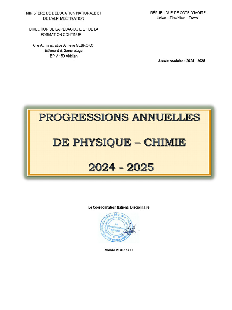 Physique Chimie - Progressions Annuelles 2024 2025 | PDF