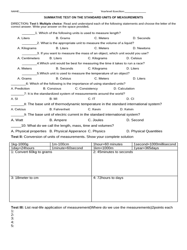 Standard Units of Measurement Test | PDF | Measurement | Litre