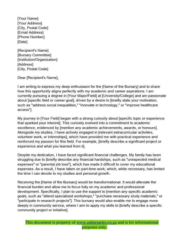 Bursary Application Motivational Letter by SABursaries | PDF