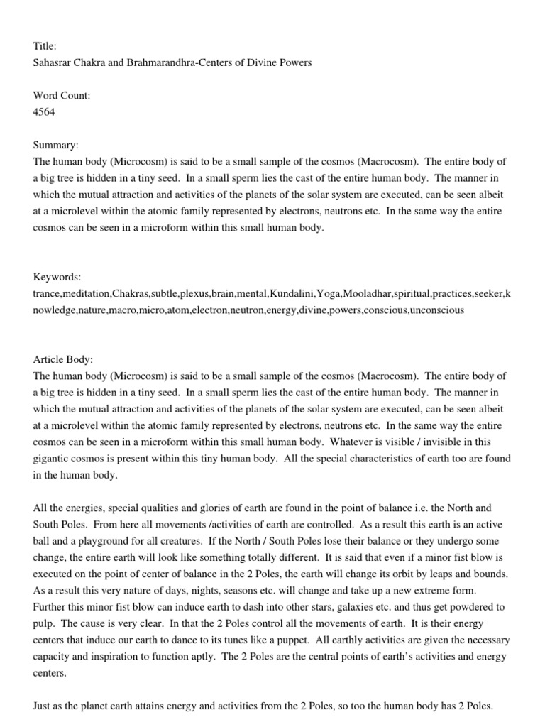 Sahasrar Chakra and Brahmarandhra Centers of Divine Powers | PDF ...