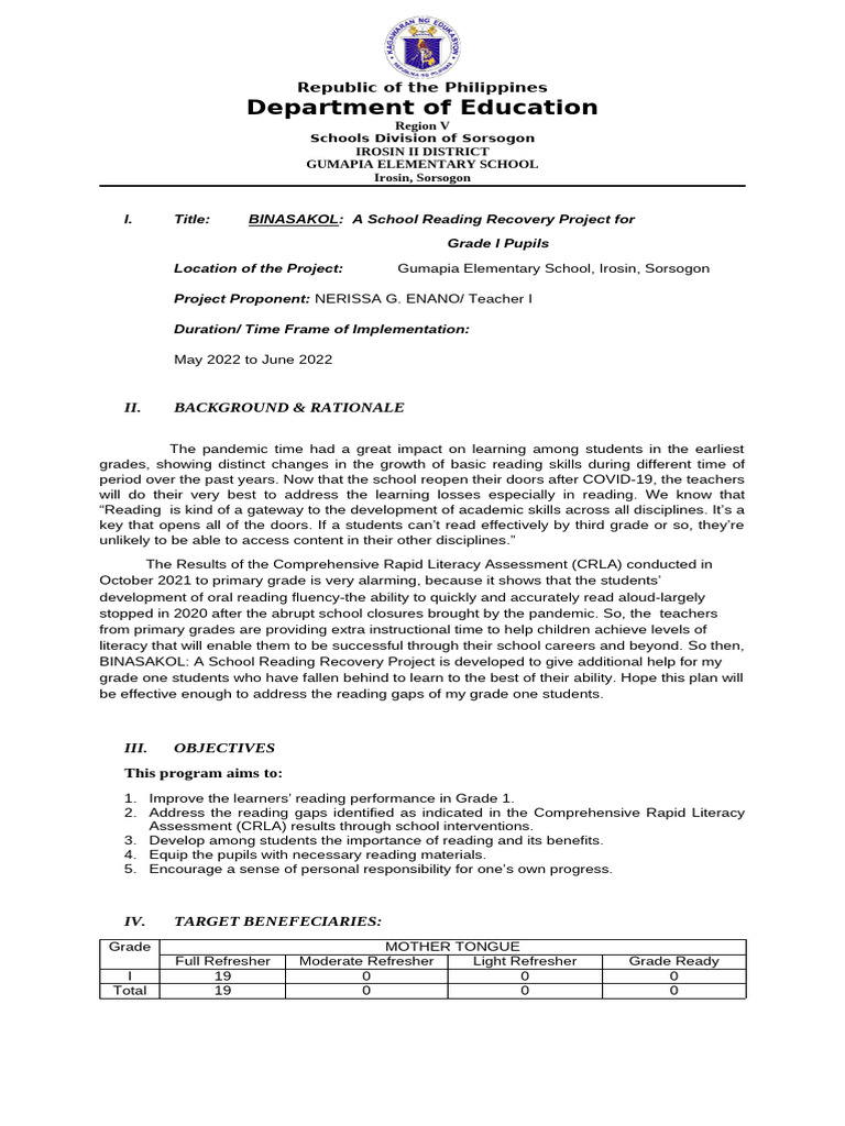 g3 - Proposal - Reading Recovery Plan 4 | PDF