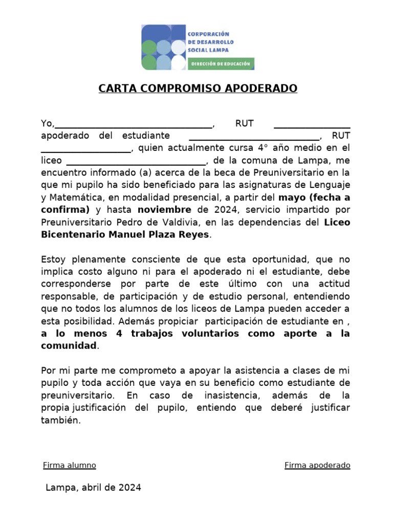 Cemplaza Formato Carta Compromiso Apoderado Preuniversitario 2024 | PDF