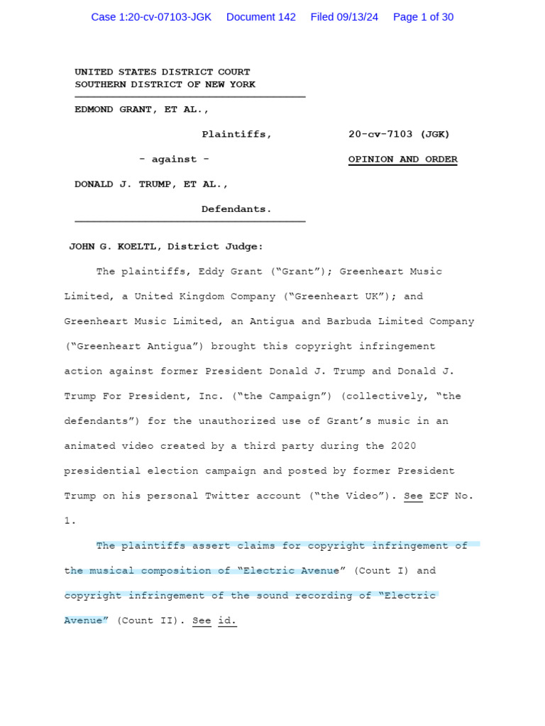 Copyright Case: Grant vs. Trump | PDF | Fair Use | Summary Judgment